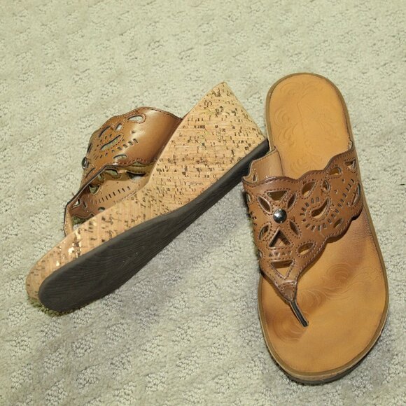 Clarks | Shoes | Clarks Womens 65 Brown Laser Cut Leather Cork Wedge ...